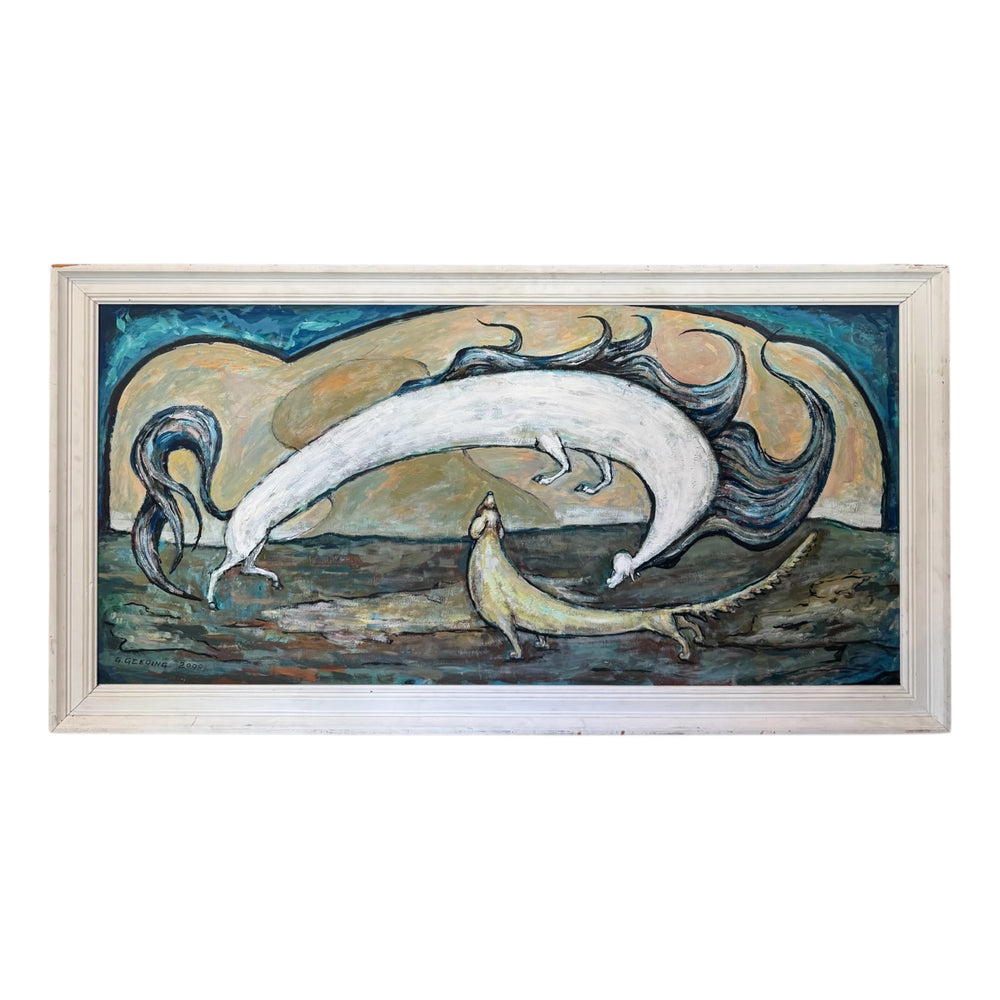 Modernist Fantastical Oil Painting of Horse and Dog at Oceanside in Or ...